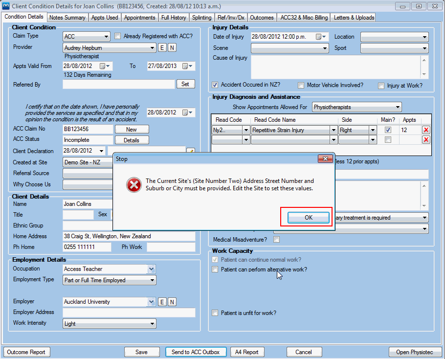 GPM NZ Support Centre - ACC45 Send to Outbox - Site Address Missing