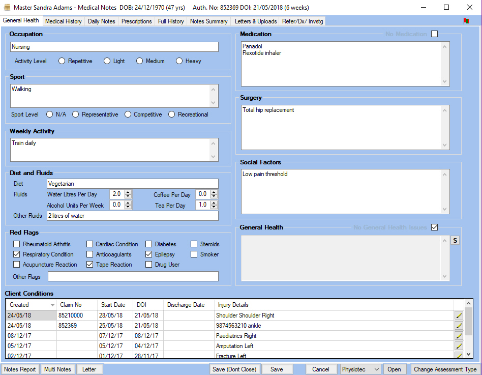GPM UK Support Centre - Medical Notes - General Health Tab